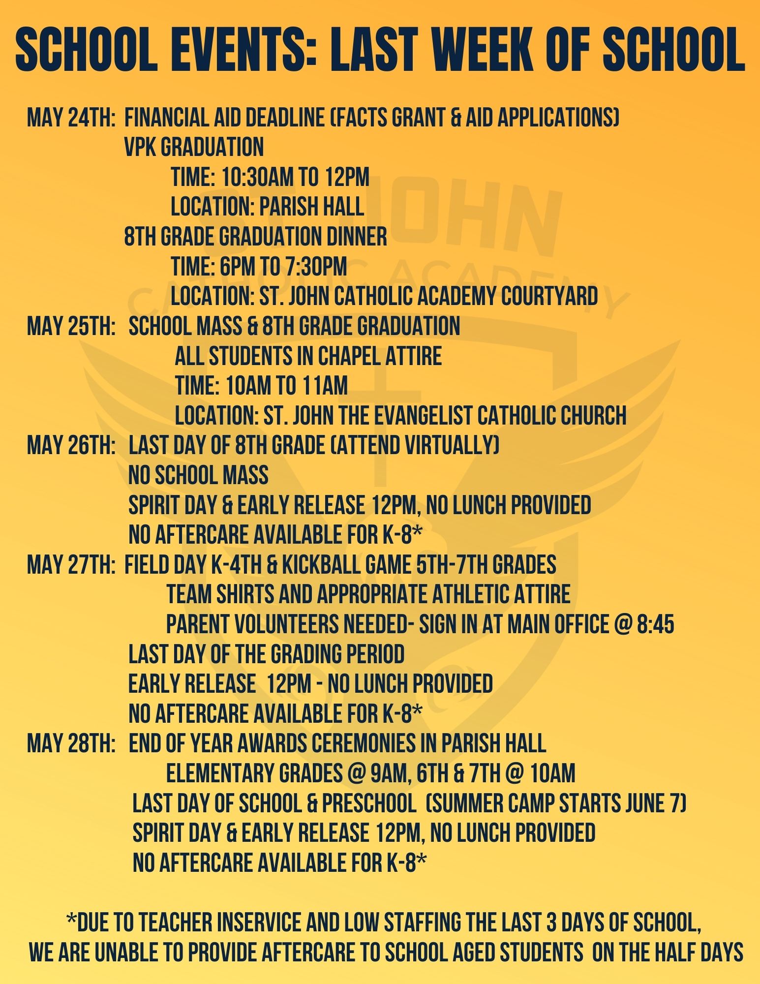 School Events: Last Week of School – May 24th – 28th – St. John ...